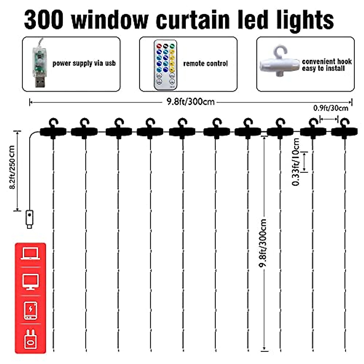 Dazzle Bright Curtain String Lights, 300 LED 9.8ft x 9.8ft 8 Lighting Modes Fairy Lights USB Powered, Waterproof Lights for Christmas Party Wedding Outdoor Indoor Wall Decorations (White)