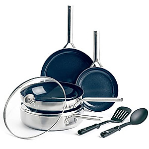 Blue Diamond Cookware Tri-Ply Stainless Steel Ceramic Nonstick, 7 Piece Cookware Pots and Pans Set, PFAS-Free, Multi Clad, Induction, Dishwasher Safe, Oven Safe, Silver