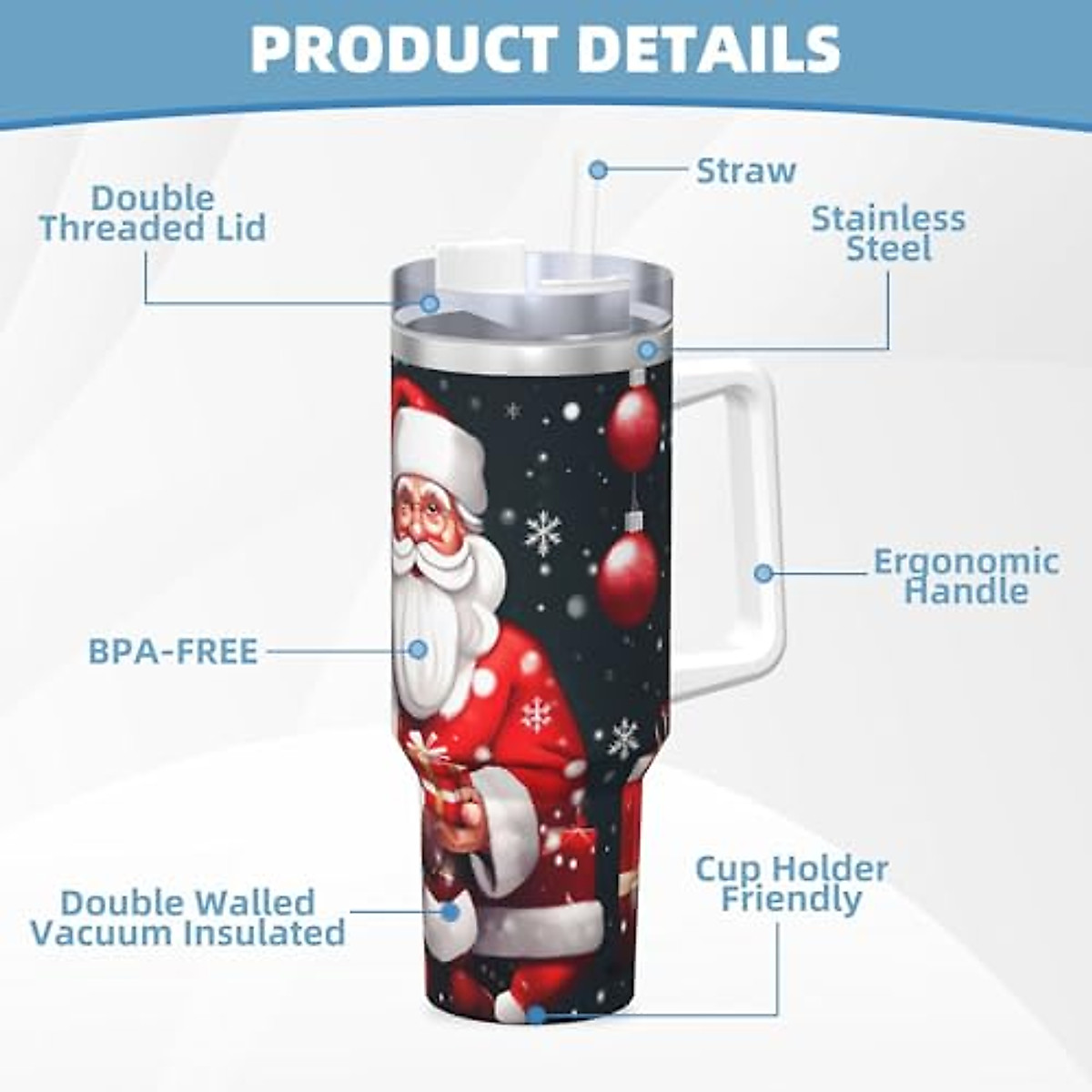 HULIBIN Christmas Santa Clauss Print Double Deck Stainless Steel Travel Coffee Cup With Lid 40 Oz Ice Bully Cup