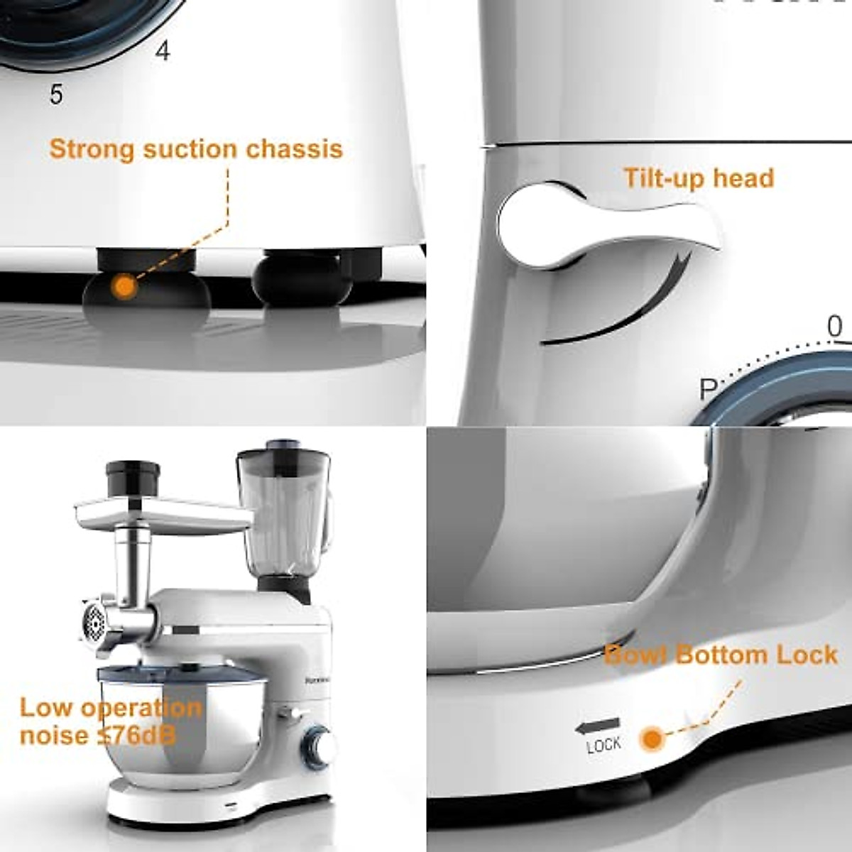 Nurxiovo Kitchen Stand Mixer, Multifunctional 3 in 1 Food Mixer Tilt-Head 850W Dough Machine with 6-1/2 Qt Stainless Steel Bowl, Hook, Whisk, Beater, Meat Blender and Juicer, White