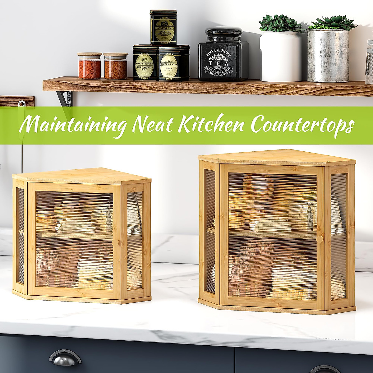 BMOSU Corner Bread Box for Kitchen Countertop Double Layer Large Capacity Bread Storage Bin Farmhouse Bread Container Breadbox Bamboo Wooden Bread Storage And Organizer (Natural, Medium)