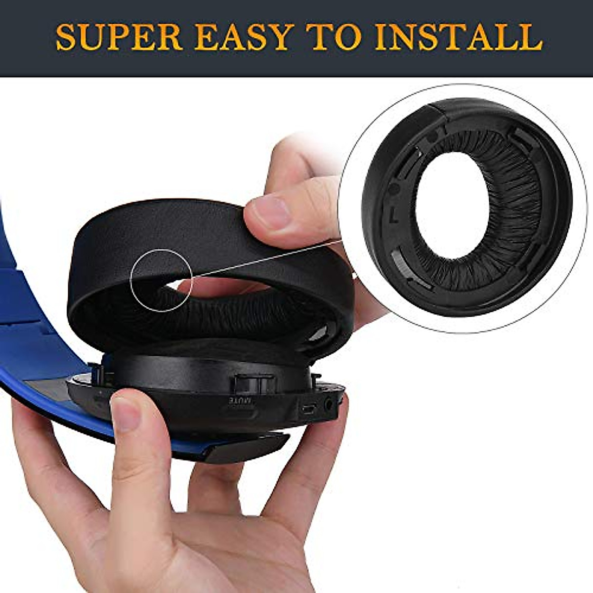 SOULWIT Ear Pads Cushions for Sony Gold Wireless Playstation PS4 Headset, Replacement Earpads for 2014 Version, Headphone Model CECHYA-0083 (Black)