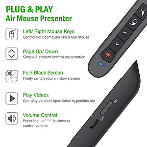 Air Mouse Green Light Presentation Remote Control USB Rechargeable Presentation Clicker Wireless Presenter RF 2.4 GHz Powerpoint Clicker Slide Advancer Changer Mac/Laptop/Computer