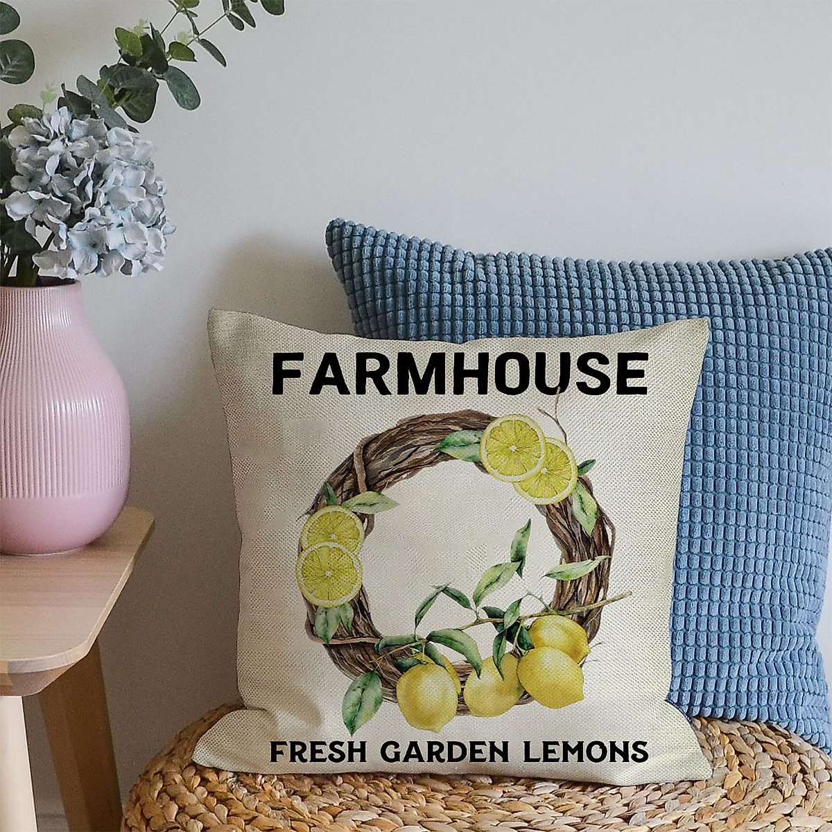 Softxpp Fresh Garden Lemons Wreath Decorative Farmhouse Throw Pillow Cover, Spring Summer Cushion Case Cotton Linen, Seasonal Home Decorations Square Outside Pillowcase Decor Sign for Sofa Couch 18x18