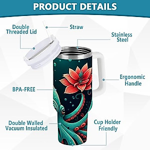 Octopus Flower Stainless Steel Tumblers with Straw and Handle for Water, Tumbler Cups 30 OZ / 0.89 L