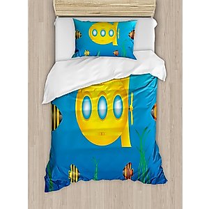 Ambesonne Yellow Submarine Duvet Cover Sets, Nautical Theme a Submarine Surrounded by Fish and Sea Grass Print, Bedding Set with 2 Duvet Covers & 4 Pillowcases, 2 Pack Queen Size, Blue and Yellow