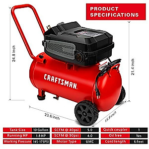 Craftsman Air Compressor, 10 Gallon 1.8 HP Max 175 PSI Pressure, Powerful and Portable Oil Free Compressor, Maintenance Free, for Home, Garage, Workshop, Model: CMXECXA0201041