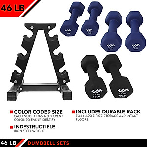 JFIT Dumbbell Set w/Durable Rack, Double Neoprene Coated Workout Weights, Solid Design Rack, 46 LB Set
