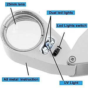 2 Pack 40X Illuminated Jewelers Loop, JLY Pocket Folding Full Metal Jewelers Loupe Magnifying Glass with Lights for LED Currency Detecting, Jewelry Identifying, Rock Collecting, Stamps Coins 1