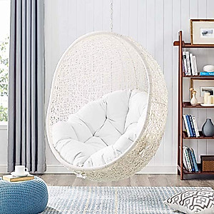Modway Hide Wicker Rattan Outdoor Patio Porch Lounge Egg Swing Chair Set with Stand in White