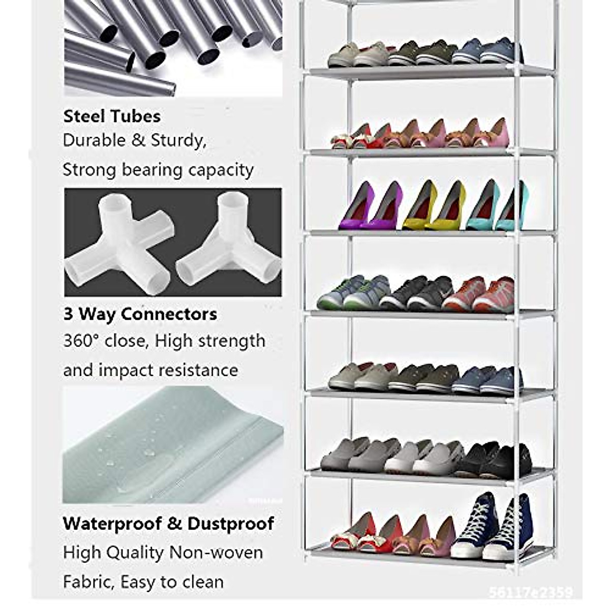 GREEF 10 Tier 30 Pairs Shoe Rack with Dustproof Cover Large Shoe Storage Organizer Cabinet for Closet, Bedroom, Entryway, Hallway, Dorm Room (Grey)