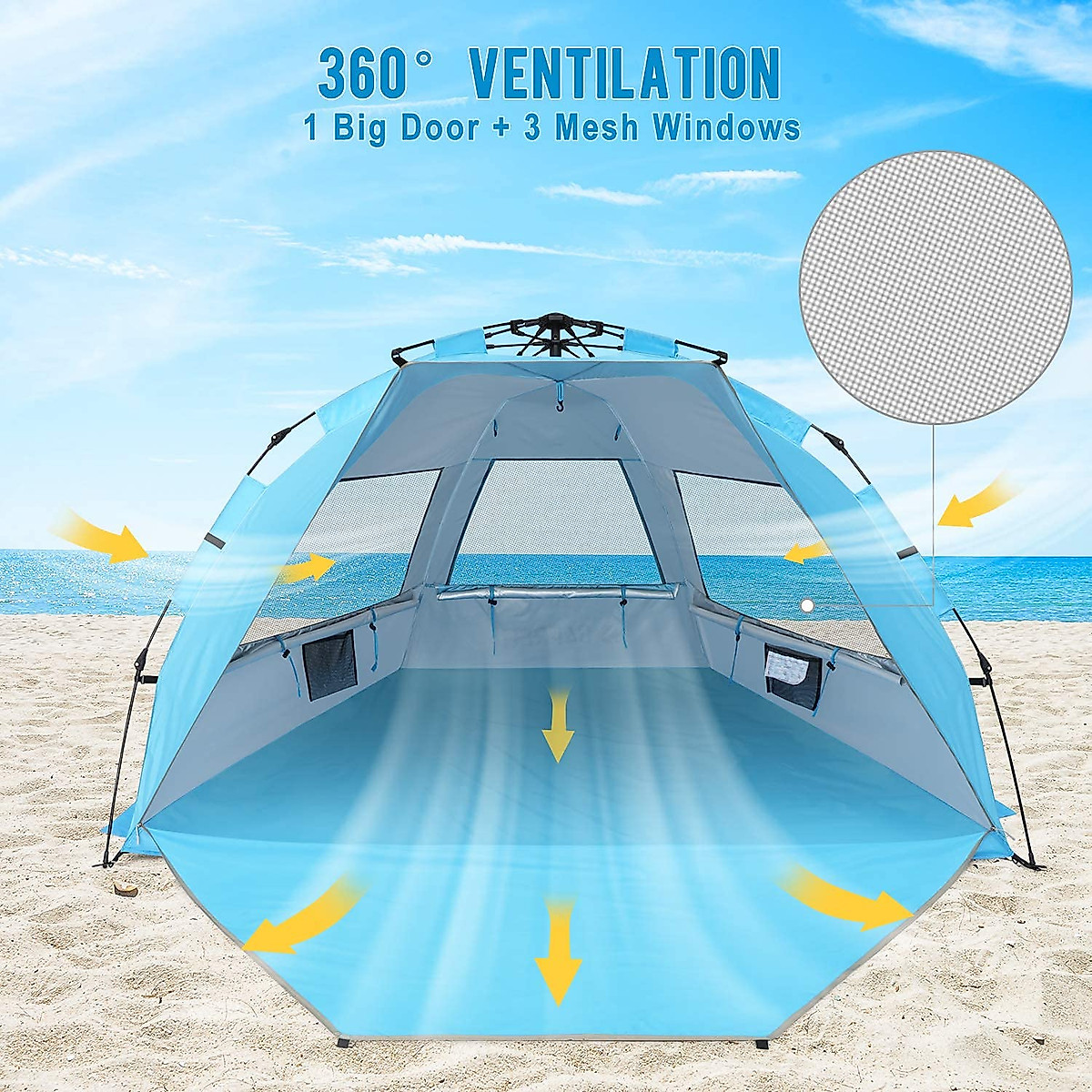 G4Free 3-4 Person Beach Tent Pop Up Shade, Lightweight UPF 50+ Beach Sun Shelter Family Size, Easy Setup and Portable Sun Shade Canopy Cabana(Bright Silver)