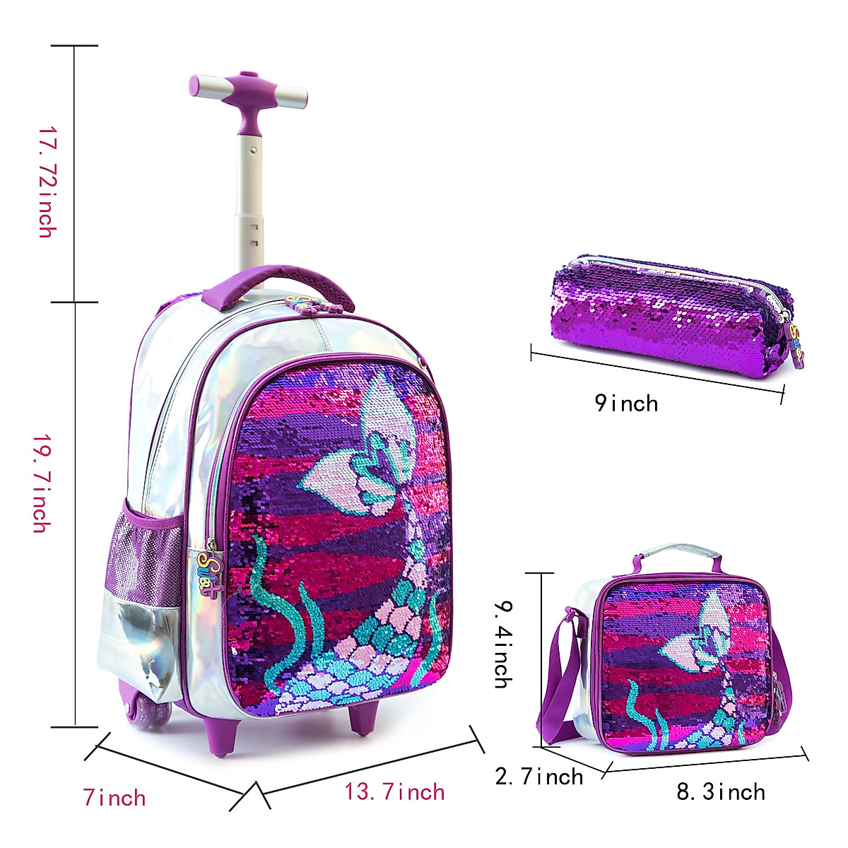 MOHCO Rolling Backpack 18 inch for Kids Wheeled Backpack for Girls with Lunch Bag Pencil Case