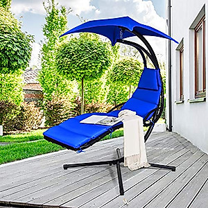 Safstar Hanging Chaise Lounger with Removable Canopy, Patio Swing Chair and Stand with Cushion & Built-in Pillow, Hanging Arc Chaise Hammock for Backyard Garden Patio Poolside (Navy Blue)