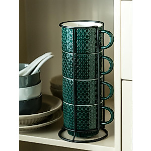 LYEOBOH Coffee Mug Set Porcelain Stackable Coffee Mugs with Stand and Spoons, 13 OZ. Cappuccino Cup Demitasse Cups for Drinks, Espresso, Latte,Set of 4, Dark Green