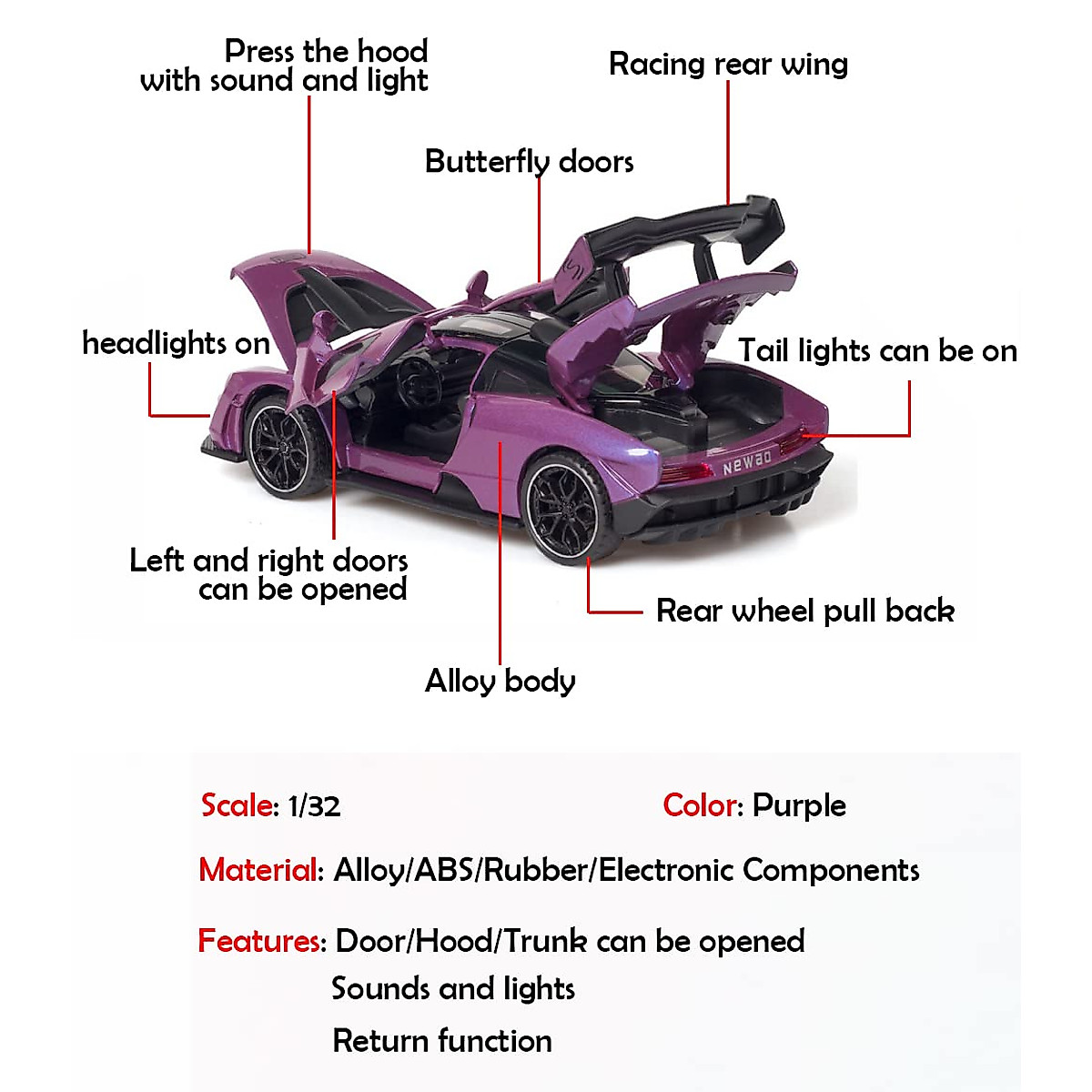 Alloy Collectible Purple McLaren Senna Toy Car Model Pull Back Vehicle DieCast with Lights and Sound