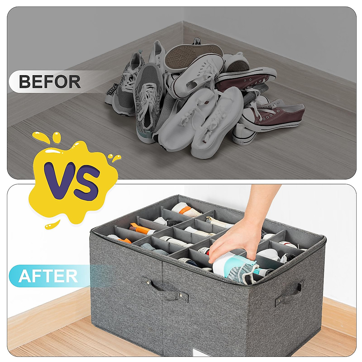 popoly Shoe Organizer for Closet Fits 16 Pairs, Large Shoes Storage Box Bins Containers with Clear Cover and Adjustable Dividers for Sneakers High Heeled, Hard Shell and Stackable (Grey)