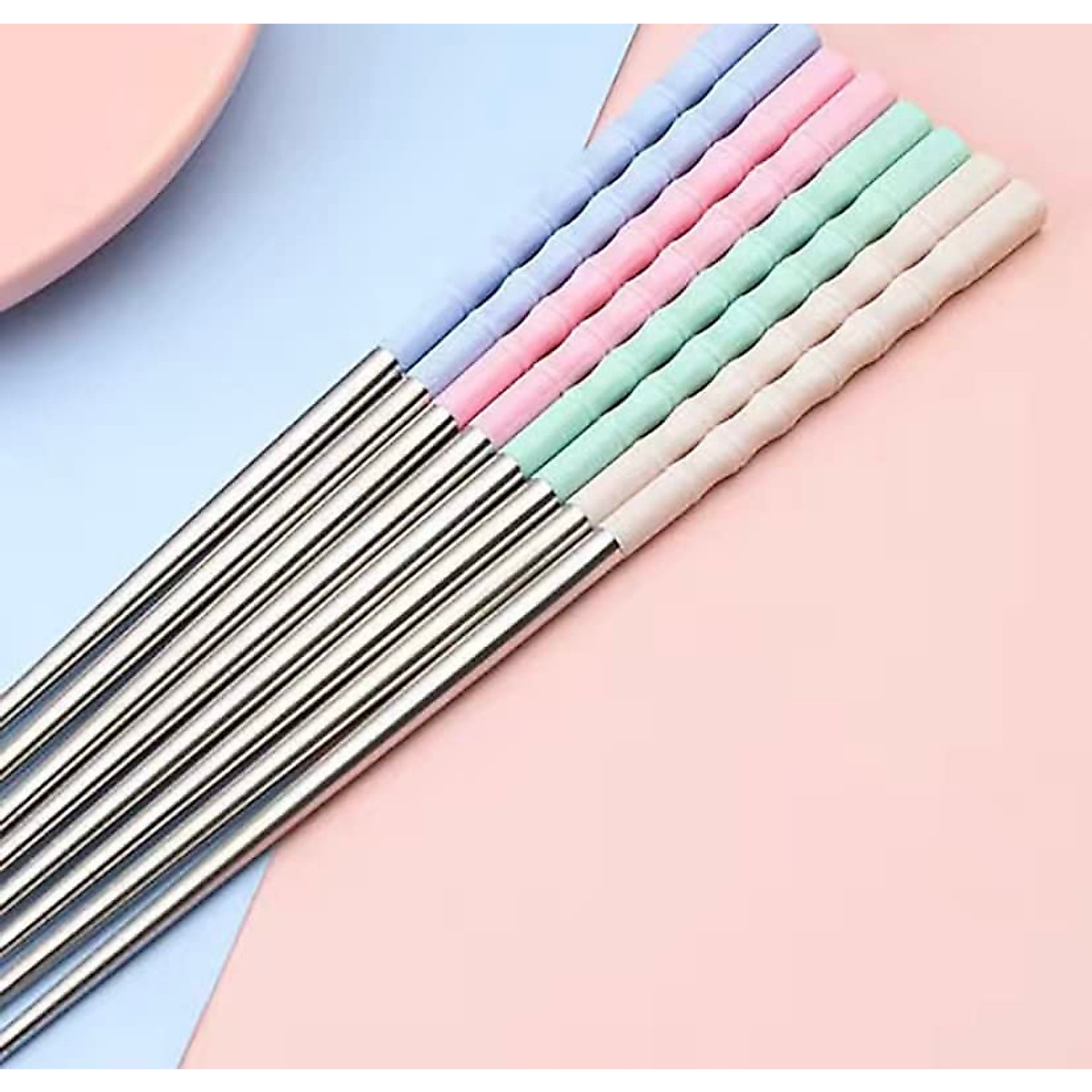 4 Pairs Chopsticks, Household Creative Tableware, Stainless Steel Chopsticks, Outdoor Portable Tableware Chopsticks Food Sticks With Wheat Straw, 7.46in (Pink)