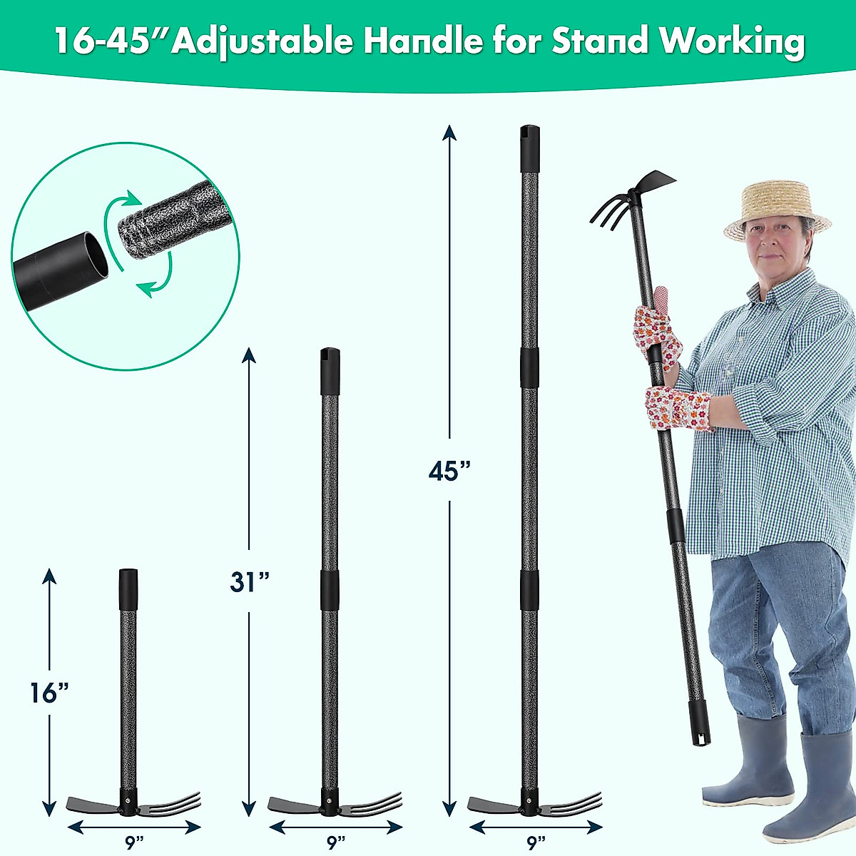 Hoe Garden Tool,45 Inch Long Garden Hoe and Cultivator, Garden Hand Tiller with Long Handle,Heavy Duty Garden Tools Hoe Cultivator for Gardening,Weeding, Tilling,Lossening Soil,Planting