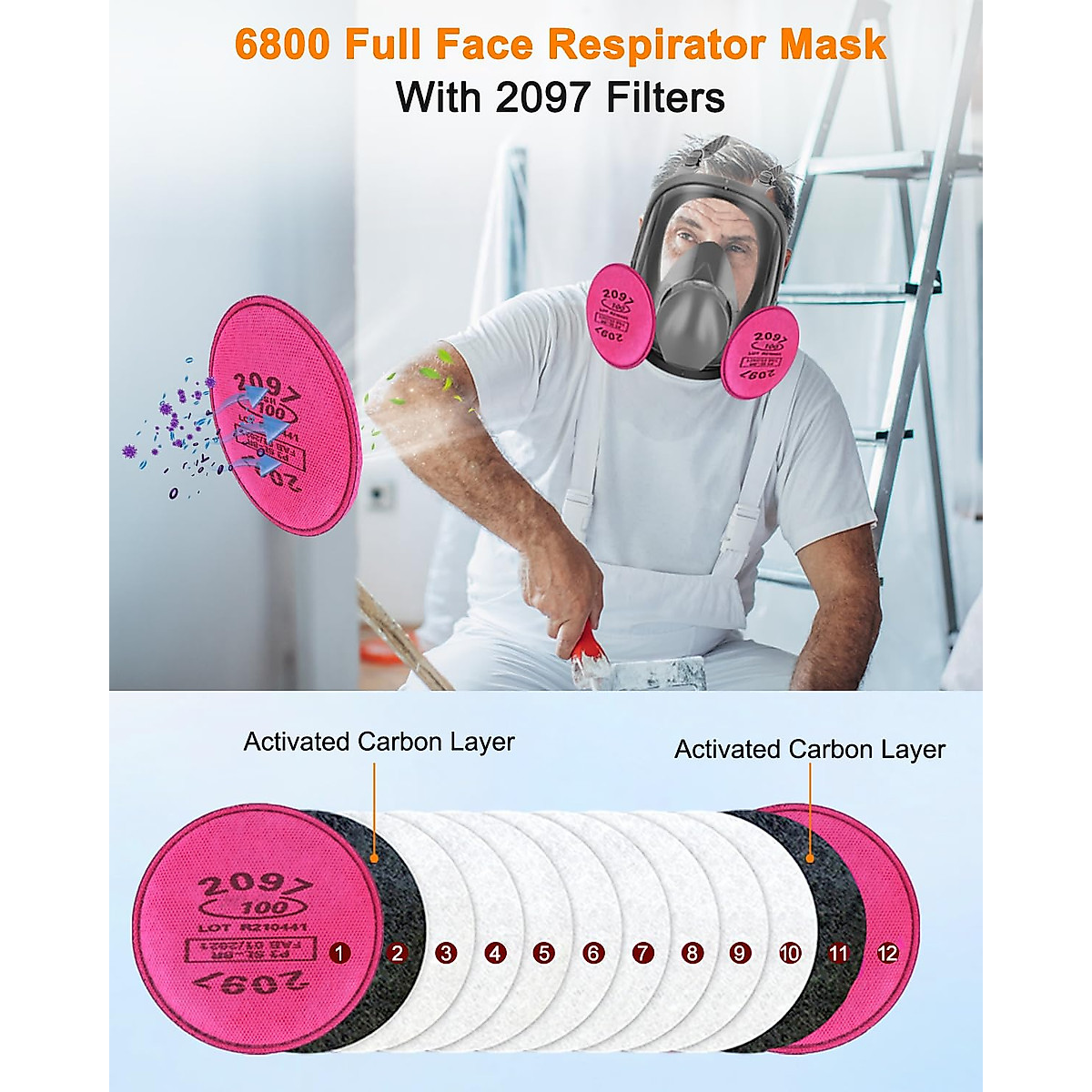 WSYBB Full Face Respirator Mask with Filters 60921 & 2097, Gas Mask Against Dust, Organic Vapor, Paint, Welding, Chemicals, Epoxy Resin, Sanding, Woodworking