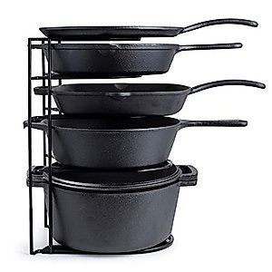 Heavy Duty Pan Organizer, Extra Large 5 Tier Rack - Holds Cast Iron Skillets, Dutch Oven, Griddles - Durable Steel Construction - Space Saving Kitchen Storage - No Assembly Required - Black 15.4-inch