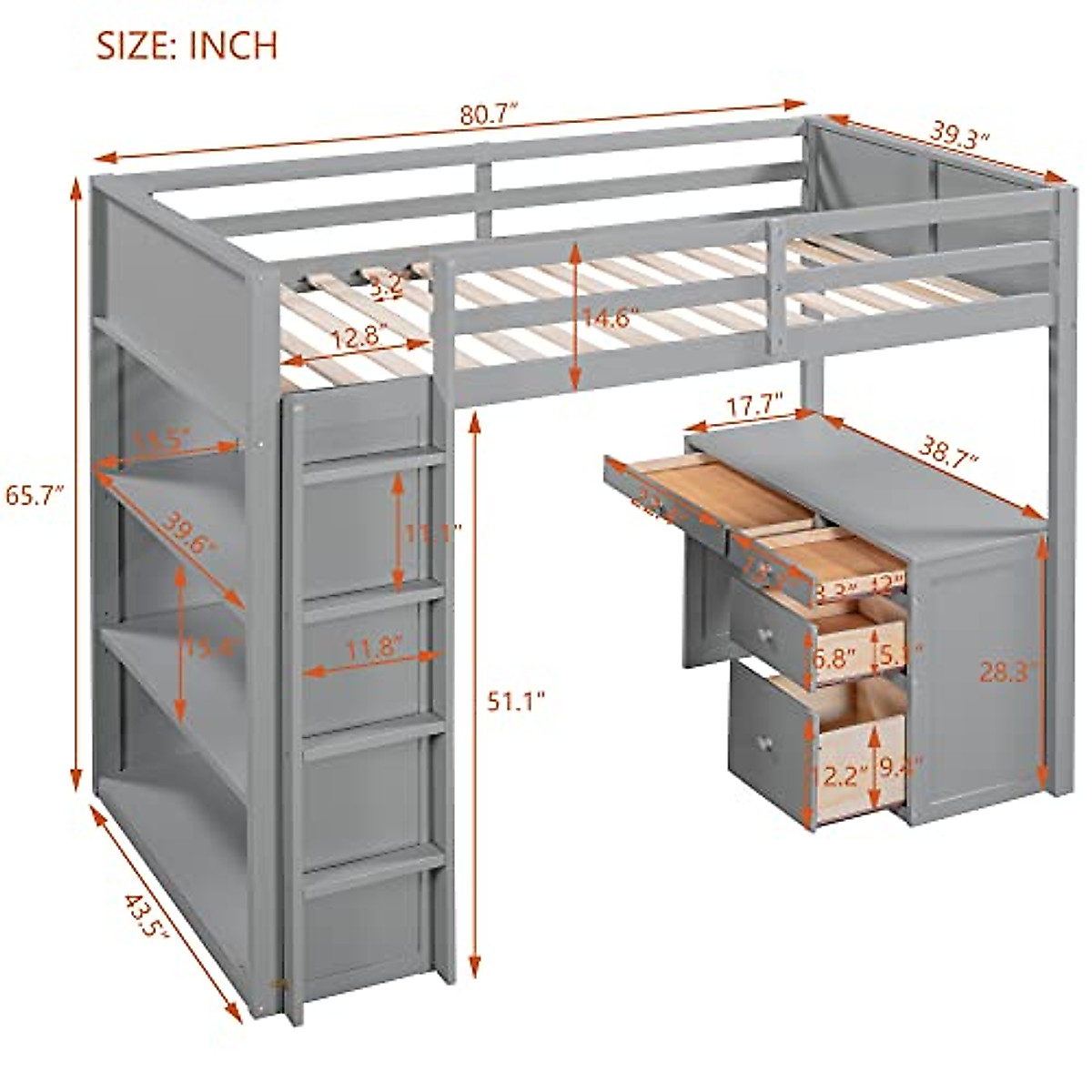 DEYOBED Twin Size Wooden Loft Bed Frame with Desk, Storage Drawers, Open Shelves, and Ladder - Maximizing Bedroom Space with Practical Furniture for Kids and Teens