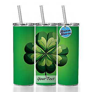 Personalized Custom Name Text Four Leaf Clover 4 Lucky St Patrick's Day Skinny Tumbler 20oz with Straw Insulated Water Bottle Gift - 1 Line Horizontal