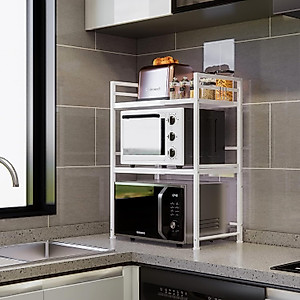 DOLALIKE Microwave Oven Rack, Expandable Microwave Stand Countertop Kitchen Utensils Tableware Storage, Carbon Steel Over Microwave Shelf Countertop 3 Tier with 3 Hooks