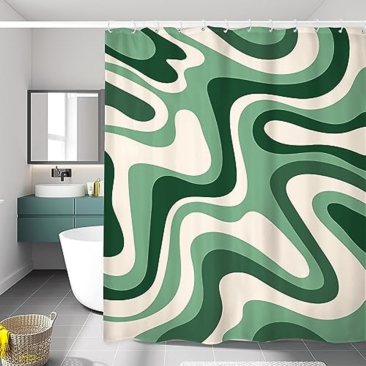 LIGHTINHOME Aesthetic 70S Shower Curtain 60Wx72H Inches Green Y2K Abstract Waves Swirl Cute Retro Boho Groovy Bathroom Decor Shower Accessories Cloth Fabric Waterproof Polyester Set with Hooks