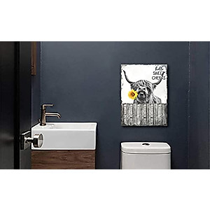 Bathroom Wall Art Highland Cow Farmhouse Bathroom Decor Sunflower Funny Bathroom Poster Rustic Canvas Print Painting Black and White Animal Pictures for Toilet Modern Home Framed Artwork 12"x16"