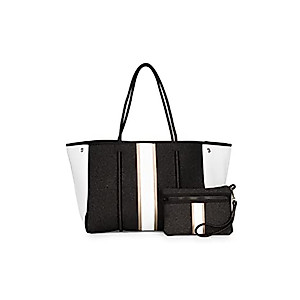 Haute Shore - Greyson Bravo Neoprene Tote Bag w/Zipper Wristlet Inside, Black Denim W/Rosegold & White Stripe