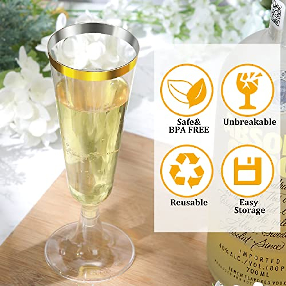 150 Pcs Champagne Flutes Plastic Champagne Glasses Clear Disposable Champagne Flutes Crystal Champagne Flutes Plastic Wine Glasses Plastic for Wedding Toasting Flutes Party Cocktail Cups (Gold)