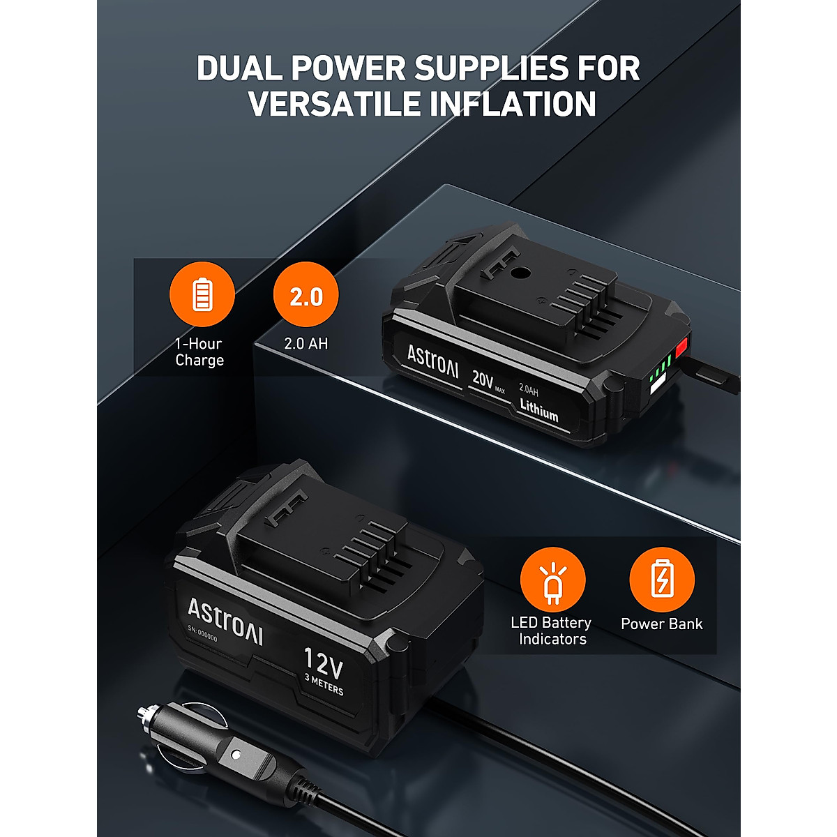 AstroAI Cordless Tire Inflator Air Compressor 20V Rechargeable Battery Powered 160PSI Portable Air Pump with 12V Car Power Adapter Digital Pressure Gauge for Cars Motorcycles JY16P160-18（C2）Red