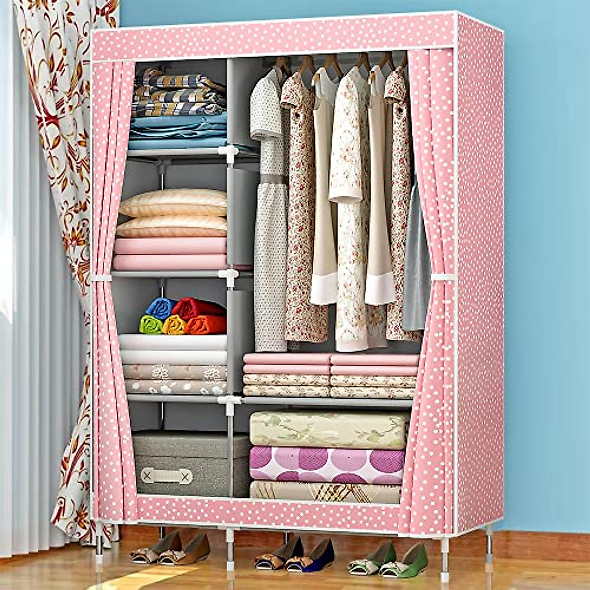 Wardrobe Portable Closet Clothes Storage Organizer with Pink Fabric Cover and Hanging Rails, Quick and Easy to Assemble, Extra Sturdy, Clothing Storage Closet Shelves for Bedroom, Cloakroom, Apartment