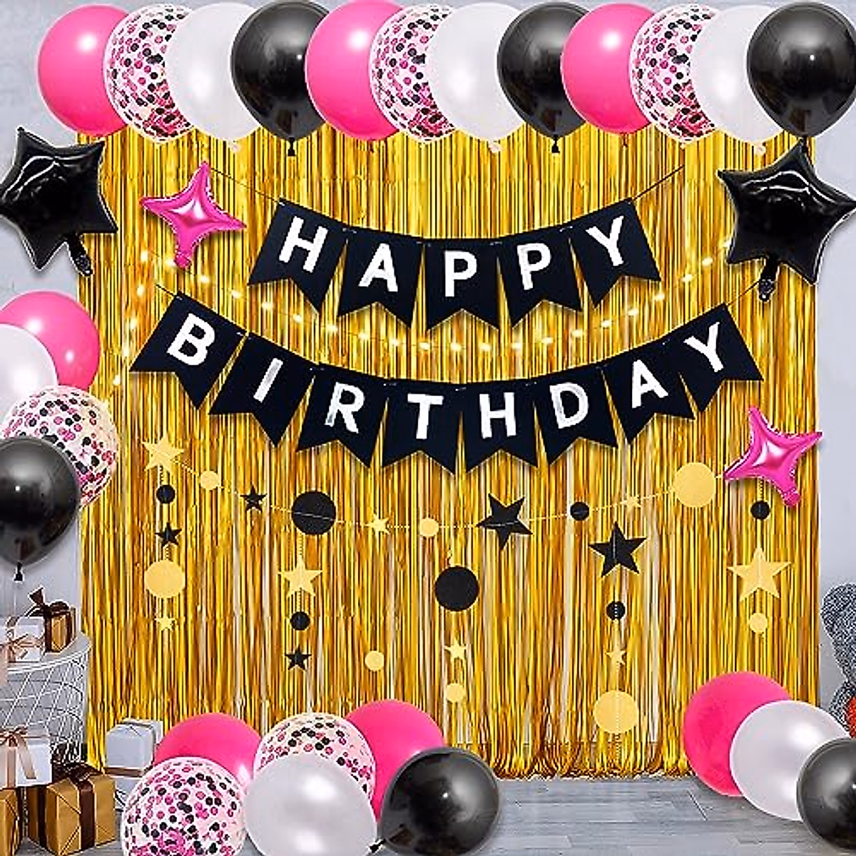 Black and Hot Pink Birthday Decorations, Happy Birthday Decorations,Happy Birthday Banner with LED light Gold Metallic Tinsel Foil Fringe Curtains Stars Confetti Balloon Birthday Decorations for Women Girls Boys Men