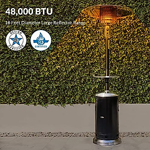 BELLEZE 48,000 BTU Propane Patio Heater Outdoor, CSA Certified Patio Heater with Drink Shelf Table, Auto Shut Off Valve, Piezo Ignition System, Wheels for Portable Mobility - Black Stainless Steel