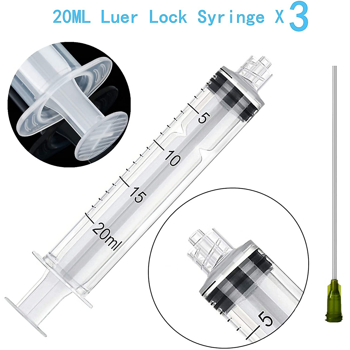 3 Pack 20ml Industrial Plastic Syringes with Blunt Luer Lock Needle 4 Inch for Scientific Labs, Glue Application, Measuring, Refilling and Transfering Liquids