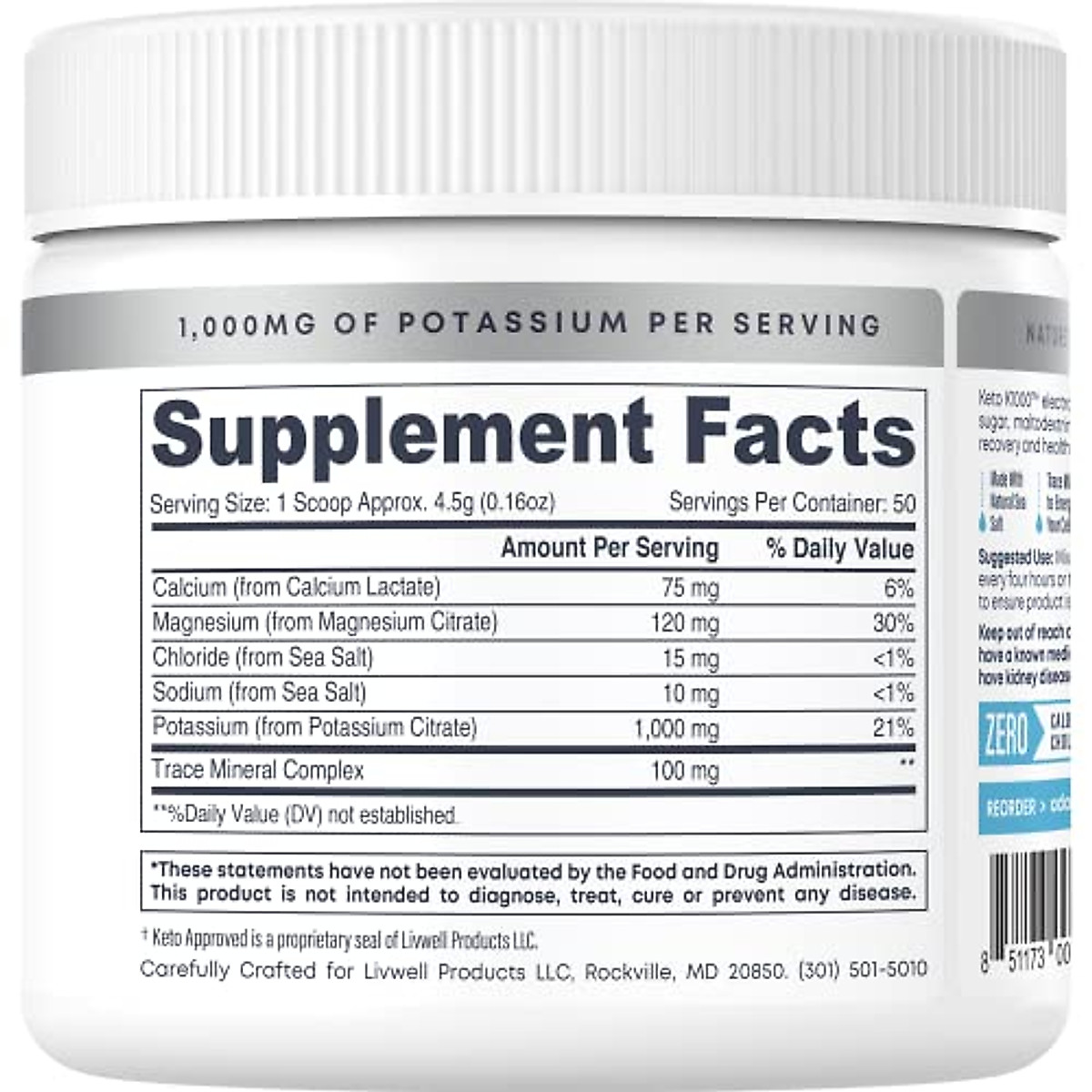 Keto K1000 Electrolyte Powder | Hydration Supplement Drink Mix | Raw Mineral Flavor, No Stevia | 50 Servings | Boost Energy & Beat Leg Cramps | No Maltodextrin or Sugar