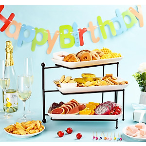 3 Tiered Serving Tray with White Porcelain Platters,Tiered Serving Stand Food Display Stand, Tiered Serving Trays & Platters, Rotatable Foldable Rectangular Plates for Dessert, Brithday Party & Events
