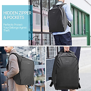 KOPACK Security Backpack, 15.6 Inch Laptop Backpack with Hidden Anti-Theft Zipper and USB Port, Stylish Waterproof Business College Travel Commuter Backpack, with Rain Cover-Grey Black Bag