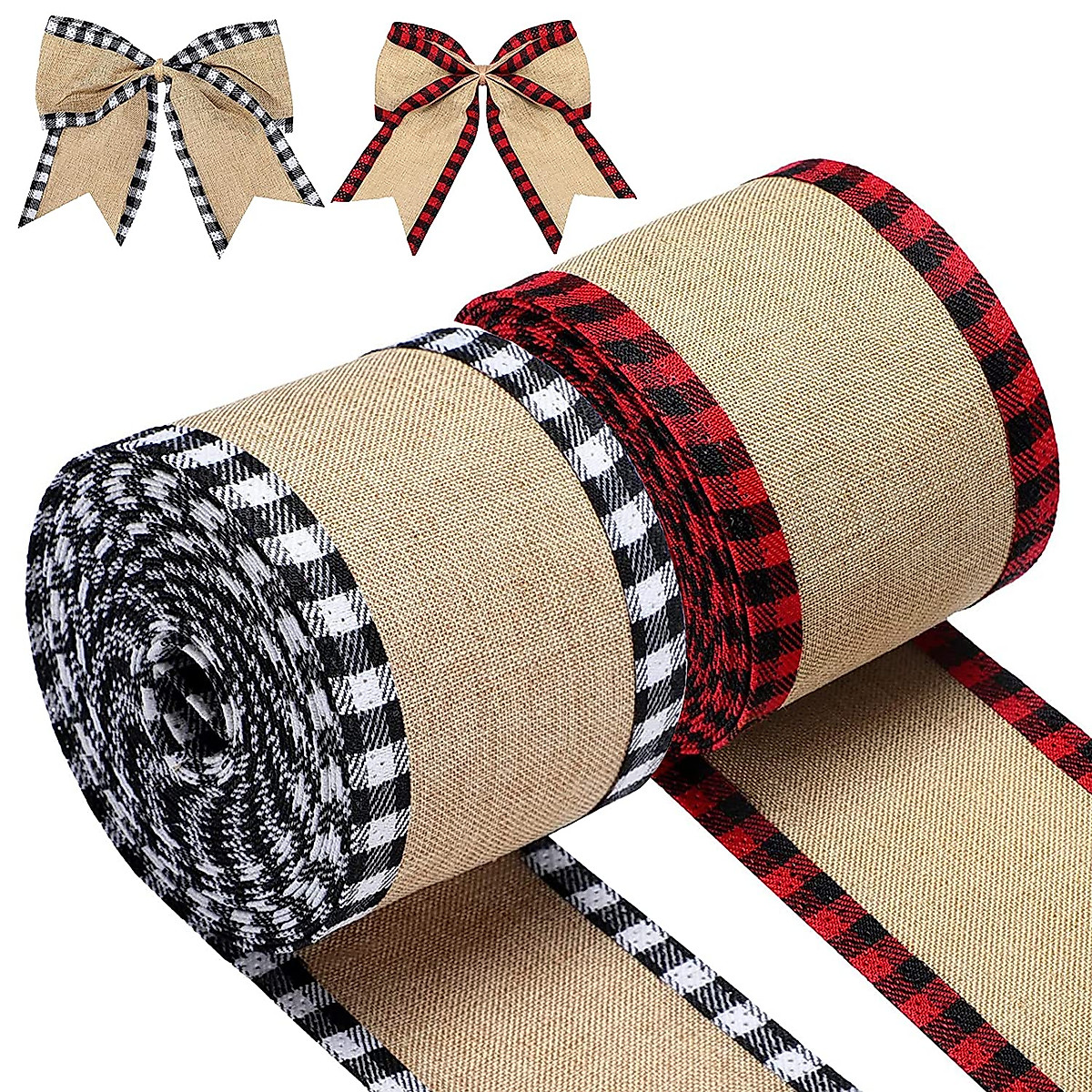2 Rolls Glitter Buffalo Plaid Wired Edge Ribbons for Valentine's Day Gifts, Burlap Fabric Craft Natural Wrapping Ribbon Rolls with Checkered Edge for Christmas Party Box Wrapping Decor(1.5 x 216 Inch)