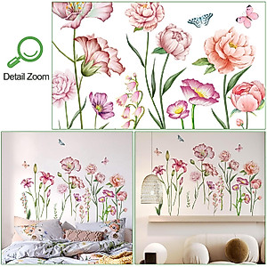 Amaonm Removable Fresh Flower and Flying Butterfly Dragonfly Wall Sticker Blue Pink Lily Poppy Peony Floral Wall Decal DIY Peel and Stick Grass Plants Wall Decor for Girls Baby Bedroom Nursery Living