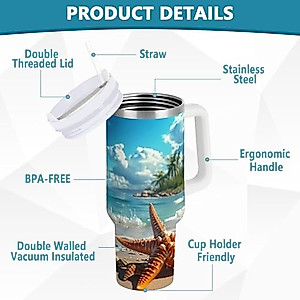 Jihqo Starfish on Seaside Beach 40 oz Stainless Steel Vacuum Insulated Tumbler with Handle and Straw Lid, Leakproof Water Bottle Double Wall Travel Mug Coffee Cup, Cupholder Friendly