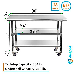 Stainless Steel Work Table with 2 Shelves with Casters | Metal Utility Table | Commercial & Residential NSF Utility Table (Stainless Steel Table with 2 Shelves, 30" Long x 14" Deep)