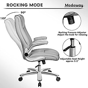Modoway O205 Executive Office Chair Grey, Big and Tall Office Chair Heavy Duty 400lbs, High Back Leather Office Chairs with Flip-Up Arms and Lumbar Support, Living Room, Gaming