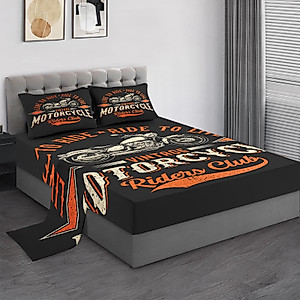 Pamnest 4 Pieces Queen Size Bed Sheet Sets, Bike Retro Motorcycle Soft Microfiber Bedding Sets for Kids and Adults Bedroom Bed Decor, Race Vintage Flat Sheet, Fitted Sheet and Pillowcases
