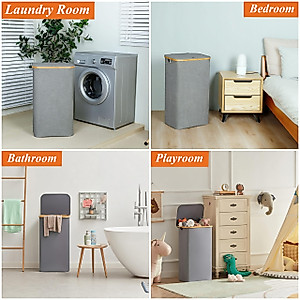 YCJYZLF Large Laundry Hamper with Lid and Bamboo Handles,Tall Collapsible Laundry Basket with Lid and Removable Laundry Bag,Foldable Clothes Hampers for Laundry,Bedroom,Dorm,Towels,Toys (100L,Grey)