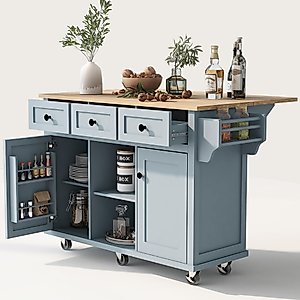 LUMISOL Kitchen Island with Drop Leaf, Rolling Kitchen Island Cart with Internal Storage Racks, Wood Kitchen Island on Wheels with Drawers, Spice Rack & Towel Rack, for Kitchen, Gray Blue
