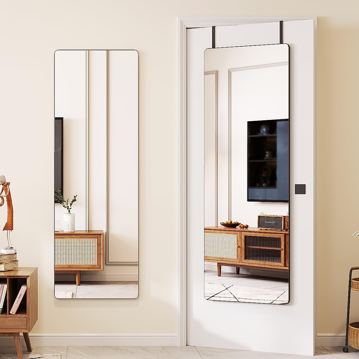 Vlsrka Over The Door Full Length Mirror, Back of Door Hanging Mirror, Black Wall Mount Mirror, Frameless Full Body Mirror for Bedroom, Closet (47" x 14.5”)