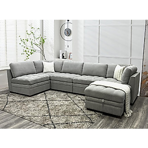 Iconik Living Sectional Modular Couch Sectional Sleeper Sofa Couch with Storage Ottoman Oversized Sofa Bed Sectional Light Gray Set